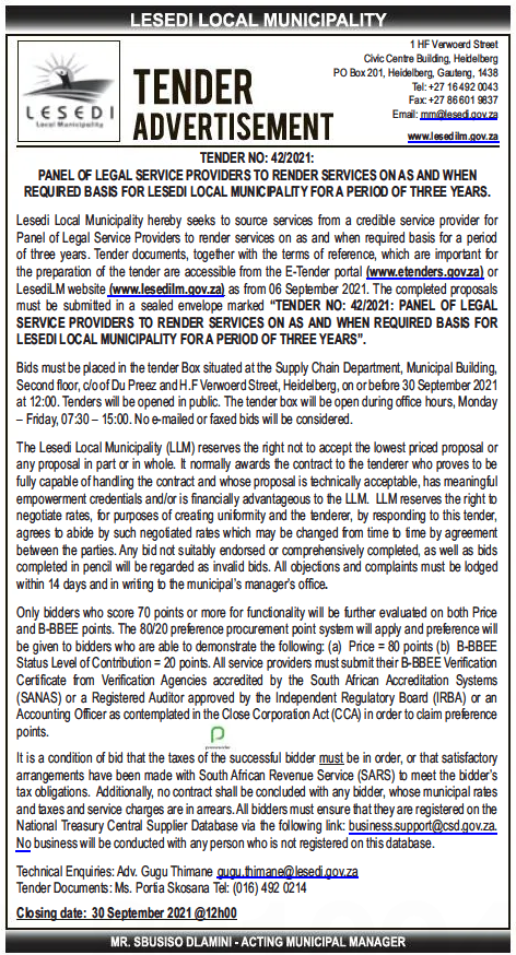 Panel of Legal Service Providers to Render Services on as and when ...