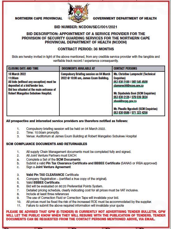 Appointment Of A Service Provider For The Provision Of Security Guarding Services For The 
